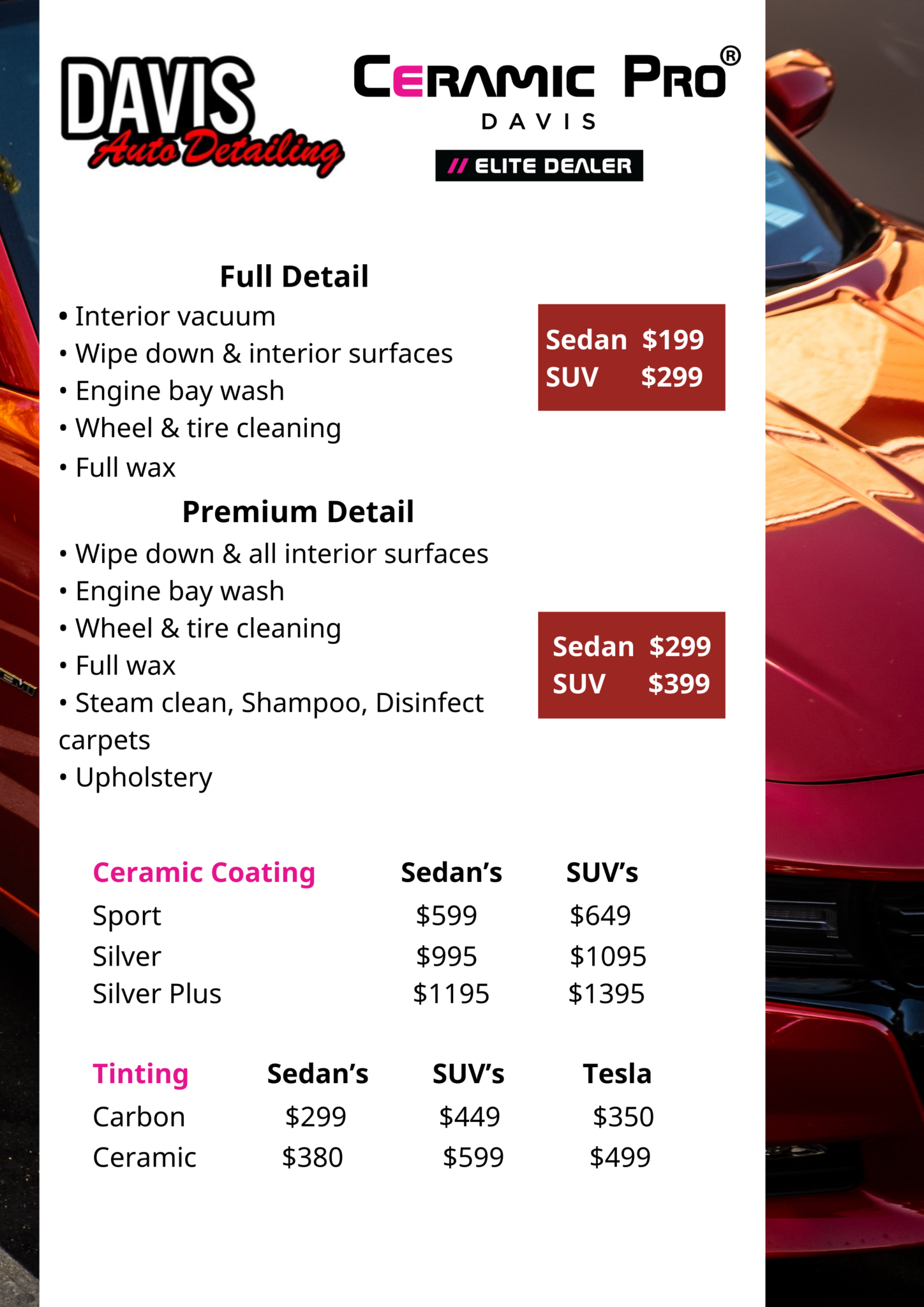 Menu - Davis Auto Detailing